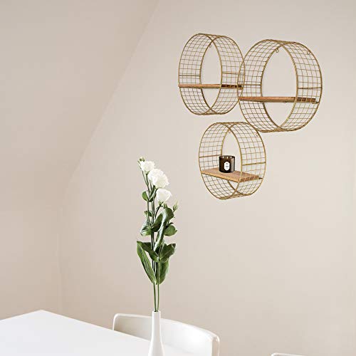 kimisty Set of 3 Gold Round Floating Shelves, Circular Wall Shelves as Boho Bathroom, Living Room, Kitchen & Bedroom Decor, Metal Wire Mesh Sconce Shelf, Circle Accent Display