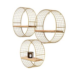 kimisty Set of 3 Gold Round Floating Shelves, Circular Wall Shelves as Boho Bathroom, Living Room, Kitchen & Bedroom Decor, Metal Wire Mesh Sconce Shelf, Circle Accent Display