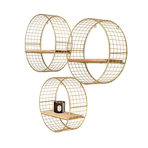 kimisty Set of 3 Gold Round Floating Shelves, Circular Wall Shelves as Boho Bathroom, Living Room, Kitchen & Bedroom Decor, Metal Wire Mesh Sconce Shelf, Circle Accent Display