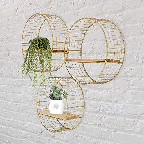 kimisty Set of 3 Gold Round Floating Shelves, Circular Wall Shelves as Boho Bathroom, Living Room, Kitchen & Bedroom Decor, Metal Wire Mesh Sconce Shelf, Circle Accent Display