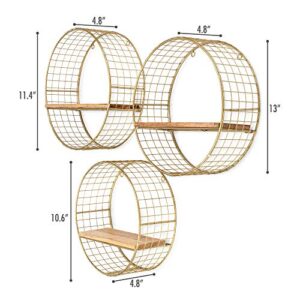 kimisty Set of 3 Gold Round Floating Shelves, Circular Wall Shelves as Boho Bathroom, Living Room, Kitchen & Bedroom Decor, Metal Wire Mesh Sconce Shelf, Circle Accent Display