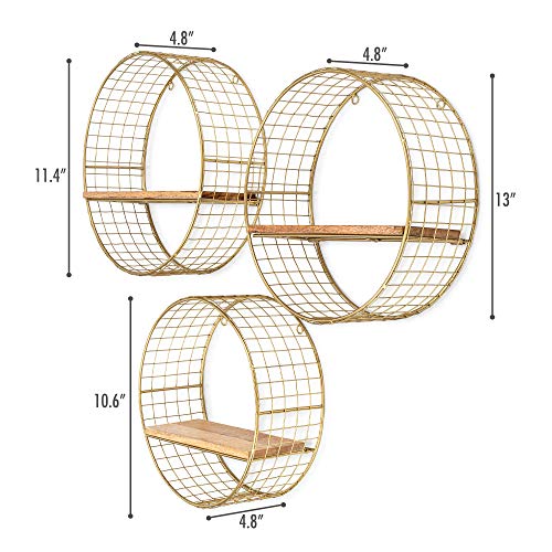 kimisty Set of 3 Gold Round Floating Shelves, Circular Wall Shelves as Boho Bathroom, Living Room, Kitchen & Bedroom Decor, Metal Wire Mesh Sconce Shelf, Circle Accent Display