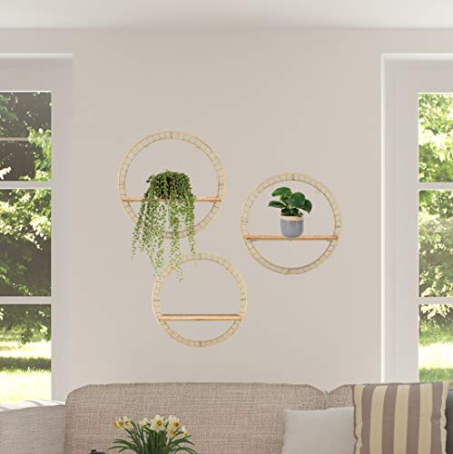 kimisty Set of 3 Gold Round Floating Shelves, Circular Wall Shelves as Boho Bathroom, Living Room, Kitchen & Bedroom Decor, Metal Wire Mesh Sconce Shelf, Circle Accent Display