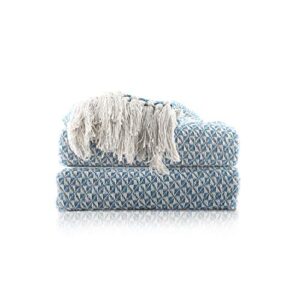 outdoor throw blanket with white tassel – 50×60 inches 100% cotton farmhouse throws decorative soft boho blankets – aqua blue