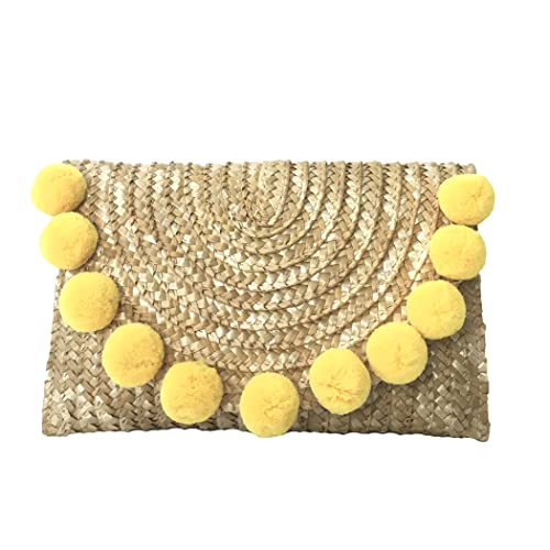 F.C. Fashion Culture Women's Pom Pom Straw Envelope Clutch (Yellow)