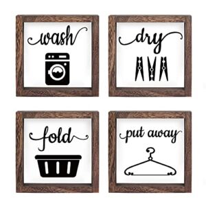 libwys laundry sign set of 4 wash dry fold put away decorative rustic handmade wood farmhouse laundry room wall decor (white)