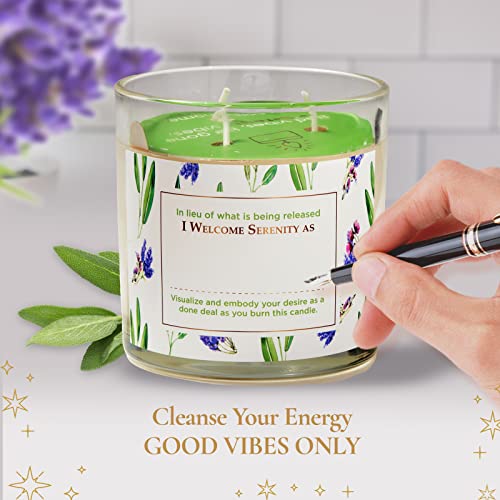 Large Sage + Lavender, Smudge Candle for House Energy Cleansing and Serenity, Banishes Negative Energy I Purification and Chakra Healing - Natural Soy Wax Glass Candle for Aromatherapy (14oz)