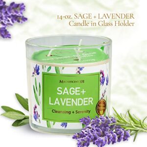 Large Sage + Lavender, Smudge Candle for House Energy Cleansing and Serenity, Banishes Negative Energy I Purification and Chakra Healing - Natural Soy Wax Glass Candle for Aromatherapy (14oz)