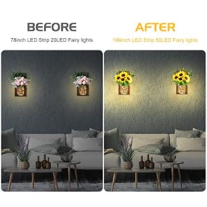 EuroBird Mason Jar Sconces Rustic Wall Sconces Handmade Hanging Wall Decor with Remote Control 5M LED Fairy Lights for Farmhouse, Kitchen, Living Room, Home Wall Decorations Set of Two (Yellow)