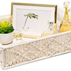 Mkono Macrame Decorative Tray Boho Home Decor Basket with Wooden Handles Handmade Woven Jewelry Perfume Makeup Storage Organizer for Vanity, Dresser, Countertop, Bedroom, Living Room, 14''L x 10''W