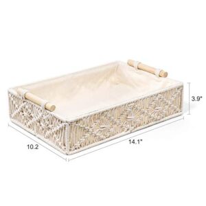 Mkono Macrame Decorative Tray Boho Home Decor Basket with Wooden Handles Handmade Woven Jewelry Perfume Makeup Storage Organizer for Vanity, Dresser, Countertop, Bedroom, Living Room, 14''L x 10''W