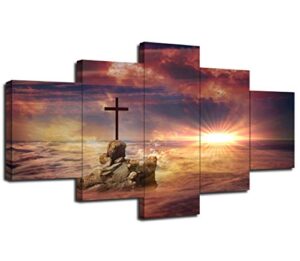 cross on a rock wall decor religious jesus christ spiritual wall art picture canvas print christian poster painting framed home living room bedroom decoration ready to hang(60”wx32”h)