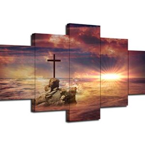 Cross on a Rock Wall Decor Religious Jesus Christ Spiritual Wall Art Picture Canvas Print Christian Poster Painting Framed Home Living Room Bedroom Decoration Ready to Hang(60''Wx32''H)