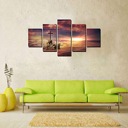 Cross on a Rock Wall Decor Religious Jesus Christ Spiritual Wall Art Picture Canvas Print Christian Poster Painting Framed Home Living Room Bedroom Decoration Ready to Hang(60''Wx32''H)