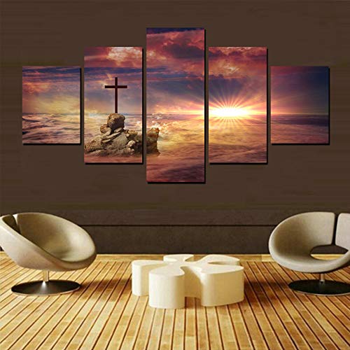 Cross on a Rock Wall Decor Religious Jesus Christ Spiritual Wall Art Picture Canvas Print Christian Poster Painting Framed Home Living Room Bedroom Decoration Ready to Hang(60''Wx32''H)