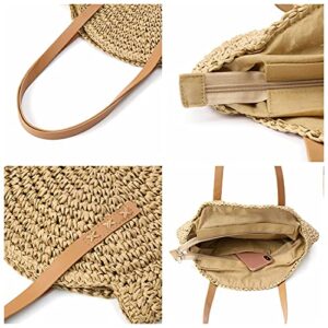 Ayliss Women Straw Woven Tote Handbag Large Beach Handmade Purse Shoulder Bag Straw Beach Handbag (Round Khaki #2)