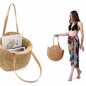 Ayliss Women Straw Woven Tote Handbag Large Beach Handmade Purse Shoulder Bag Straw Beach Handbag (Round Khaki #2)