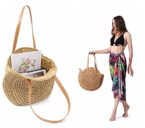 Ayliss Women Straw Woven Tote Handbag Large Beach Handmade Purse Shoulder Bag Straw Beach Handbag (Round Khaki #2)