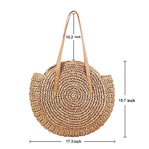 Ayliss Women Straw Woven Tote Handbag Large Beach Handmade Purse Shoulder Bag Straw Beach Handbag (Round Khaki #2)