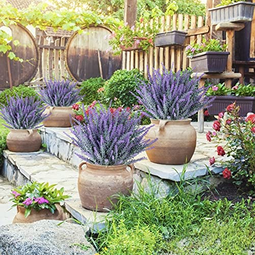 12 Bundles Fake Flowers Artificial Lavender Faux Plastic Purple Flowers for Home Wedding Kitchen Garden Patio Window Box Office Table Centerpieces Indoor Outdoor Decor (Gray Purple)