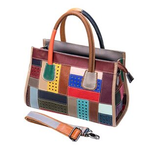 Genuine Leather Purses and Handbags for Women, Multicolored Patchwork Tote Bag Portable Travel Everyday Carry Bags