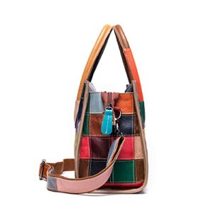 Genuine Leather Purses and Handbags for Women, Multicolored Patchwork Tote Bag Portable Travel Everyday Carry Bags