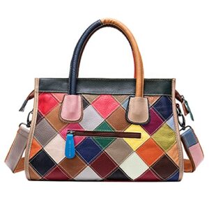 Genuine Leather Purses and Handbags for Women, Multicolored Patchwork Tote Bag Portable Travel Everyday Carry Bags