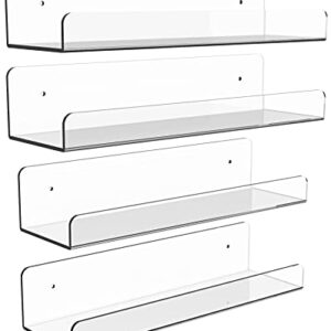 KLGO 4 Pack Clear Acrylic Floating Wall Ledge Shelf for,15" Invisible Wall Mounted Nursery Kids Floating Bookshelf for Kids Room,Modern Funko Pop Display Shelves Toy Storage Wall Shelf