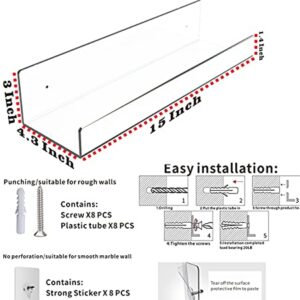 KLGO 4 Pack Clear Acrylic Floating Wall Ledge Shelf for,15" Invisible Wall Mounted Nursery Kids Floating Bookshelf for Kids Room,Modern Funko Pop Display Shelves Toy Storage Wall Shelf