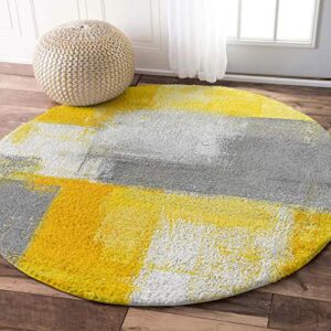 ambehome round fluffy soft area rugs, abstract yellow and grey painting circle rug fluffy carpet, shaggy floor mat furry large rug for living room bedroom home decor, 5ft artwork street painting