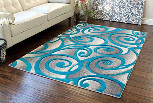 Masada Rugs, Grey White Turquoise Modern Woven Area Rug, Hand Carved (8 Feet X 10 Feet, Turquoise)