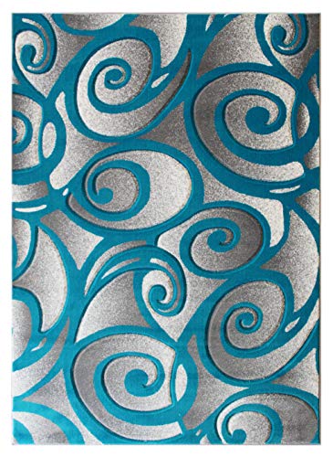 Masada Rugs, Grey White Turquoise Modern Woven Area Rug, Hand Carved (8 Feet X 10 Feet, Turquoise)