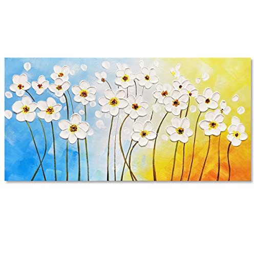 Muzagroo Art Hand Painted Dancing White Flowers Pallet Knife Oil Painting with Raised Texture on Canvas Modern Floral Wall Art for Living Room Bedroom Decor Ready to Hang