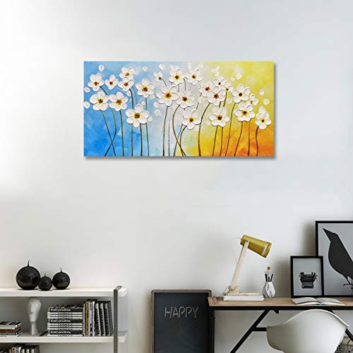 Muzagroo Art Hand Painted Dancing White Flowers Pallet Knife Oil Painting with Raised Texture on Canvas Modern Floral Wall Art for Living Room Bedroom Decor Ready to Hang