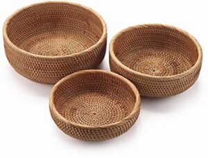 yangqihome natural rattan round fruit basket bowls, handwoven storage serving baskets, wicker organizer for dinning room (set of 3)