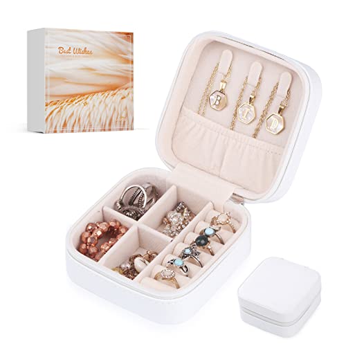 LUAVFA Small Travel Jewelry Box,Portable Travel Jewelry Organizer,Mini Display Case with PU Leather for Girls Women Gift Rings Earrings Necklaces Storage(White)