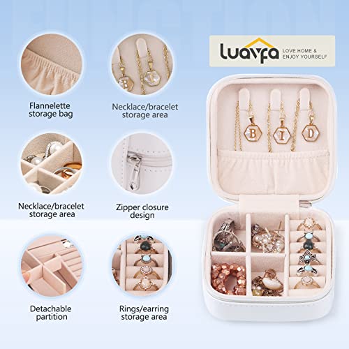 LUAVFA Small Travel Jewelry Box,Portable Travel Jewelry Organizer,Mini Display Case with PU Leather for Girls Women Gift Rings Earrings Necklaces Storage(White)