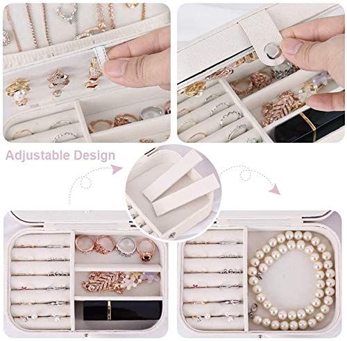 Yonzone Small Jewelry Box, Travel Jewelry Case Portable Jewelry Organizer Storage for Necklace Earring Rings, Double Layer PU Leather Mini Jewelry Holder Gift Box for Girls Women(White)