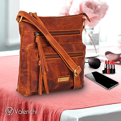 VALENCHI Genuine Leather Crossbody Bag with front Metal Zipper Pockets and long handle - Handmade