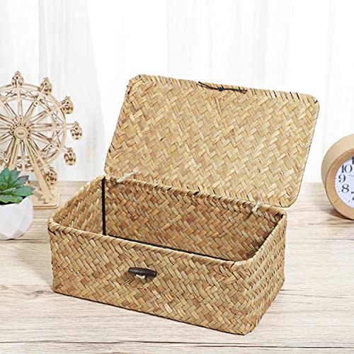 IMIKEYA Woven Storage Box Wicker Storage Bins with Lid Seagrass Basket Desktop Hand- Woven Box for Home Office Shelf Organizer