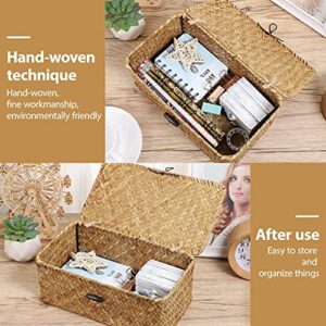 IMIKEYA Woven Storage Box Wicker Storage Bins with Lid Seagrass Basket Desktop Hand- Woven Box for Home Office Shelf Organizer