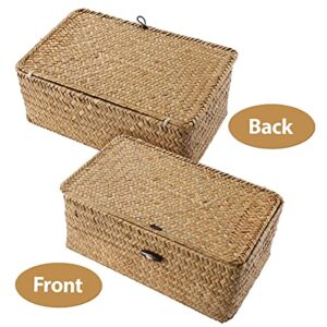 IMIKEYA Woven Storage Box Wicker Storage Bins with Lid Seagrass Basket Desktop Hand- Woven Box for Home Office Shelf Organizer