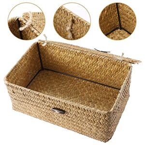 IMIKEYA Woven Storage Box Wicker Storage Bins with Lid Seagrass Basket Desktop Hand- Woven Box for Home Office Shelf Organizer