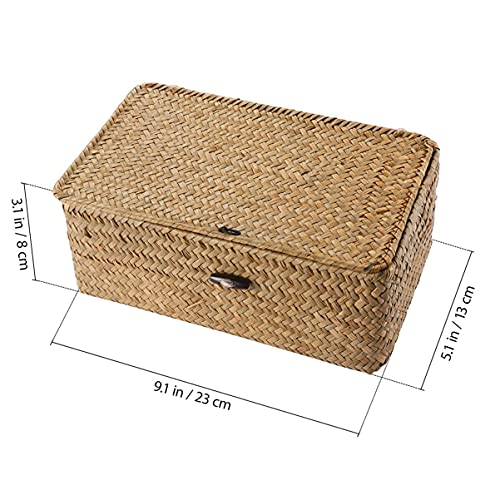 IMIKEYA Woven Storage Box Wicker Storage Bins with Lid Seagrass Basket Desktop Hand- Woven Box for Home Office Shelf Organizer