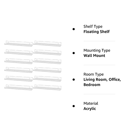 Jetec Acrylic Floating Display Shelves Clear Wall Bookshelf for Kids Acrylic Wall Display Shelves Book Shelf for Room Picture Display Storage,15 x 1.7 x 2 Inches(Transparent,12 Pcs)