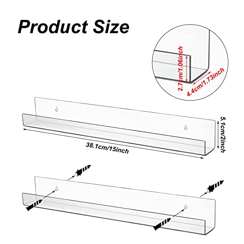 Jetec Acrylic Floating Display Shelves Clear Wall Bookshelf for Kids Acrylic Wall Display Shelves Book Shelf for Room Picture Display Storage,15 x 1.7 x 2 Inches(Transparent,12 Pcs)