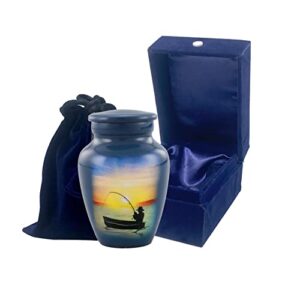 immortal memories fishing keepsake urn – keeksake cremation for ashes token hand painted mini memorial sharing with velvet case & bag (keepsake), sky blue