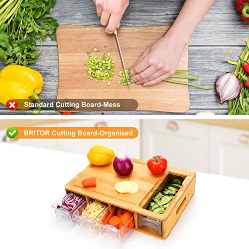 BRITOR Bamboo Cutting Board with Drawers, Large Chopping Board with Juice Grooves, Easy-Grip Handles & Food Sliding Opening, Carving Board with Trays for Food Storage, Transport and Cleanup