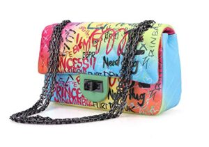 voguzy women graffiti pu multicolour quilted purse lattice clutch shoulder bag classic cross body with chain satchel handbags yellow graffiti