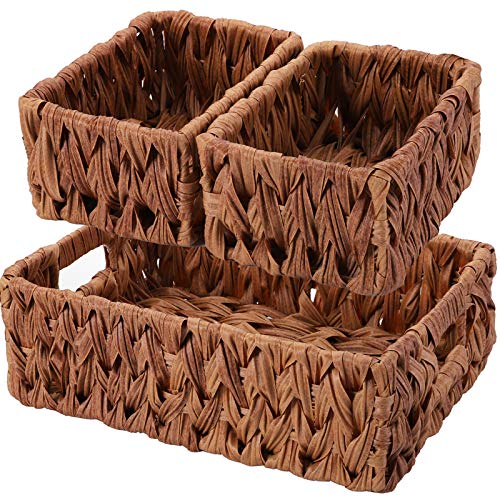 Yopay Set of 3 Hand-Woven Storage Baskets, Wicker Baskets for Organizing, Rectangular Imitation Nesting Storage Baskets with Built-in Handles for Shelves, Walnut Decorative Basket